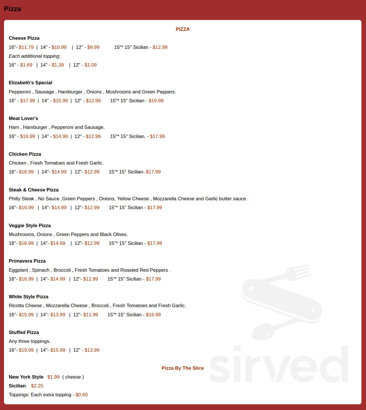 Elizabeth's Pizza & Italian Restaurant menus in Pittsboro, North ...