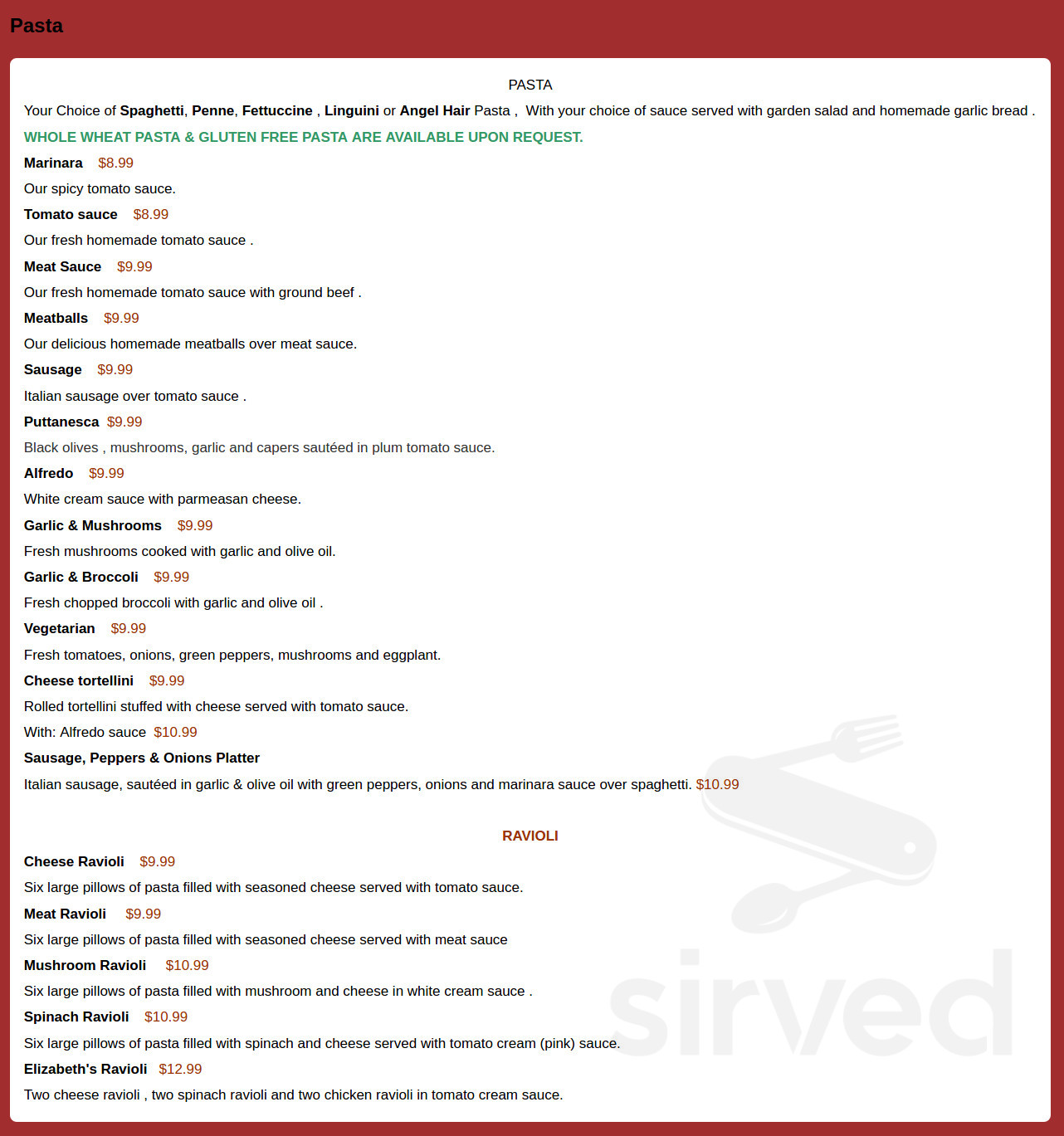 Elizabeth's Pizza & Italian Restaurant menus in Pittsboro, North ...