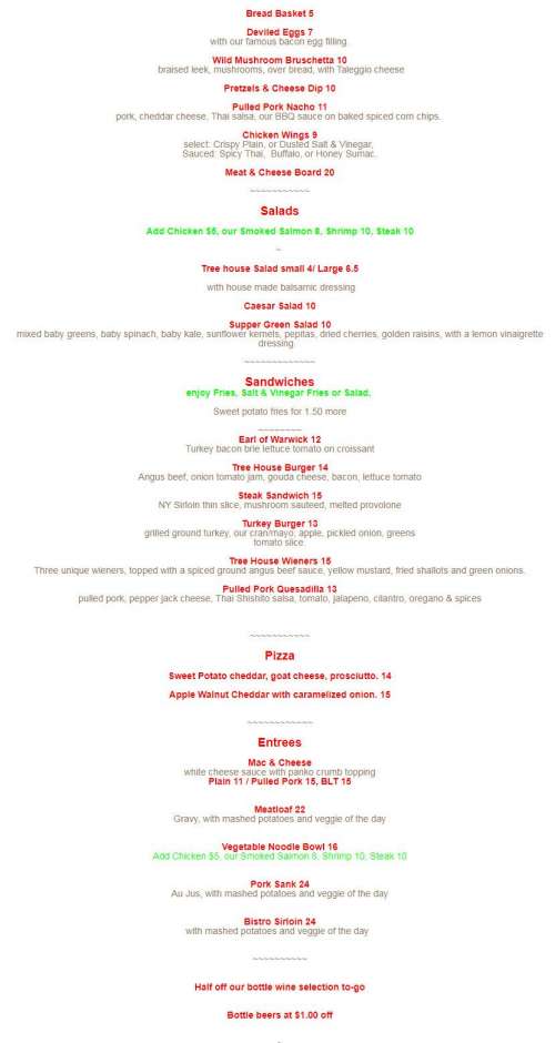 Tree House Tavern menu in Warwick, Rhode Island, USA