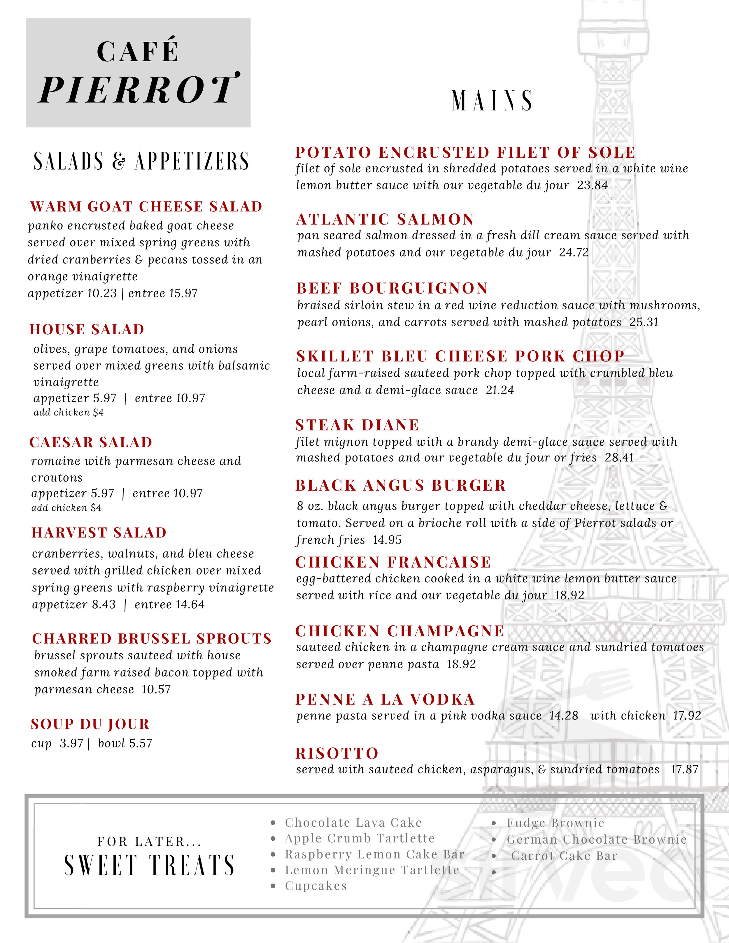 Cafe Pierrot menu in Andover, New Jersey, USA