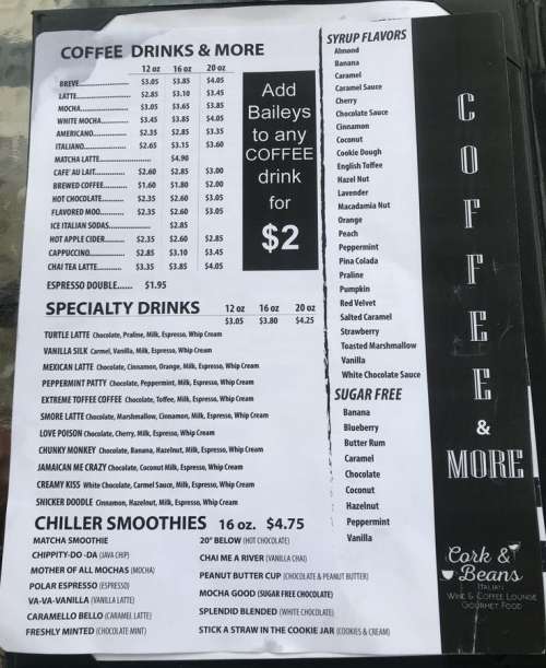 Cork & Beans Coffee House & Wine Lounge menu in Dunedin, Florida, USA