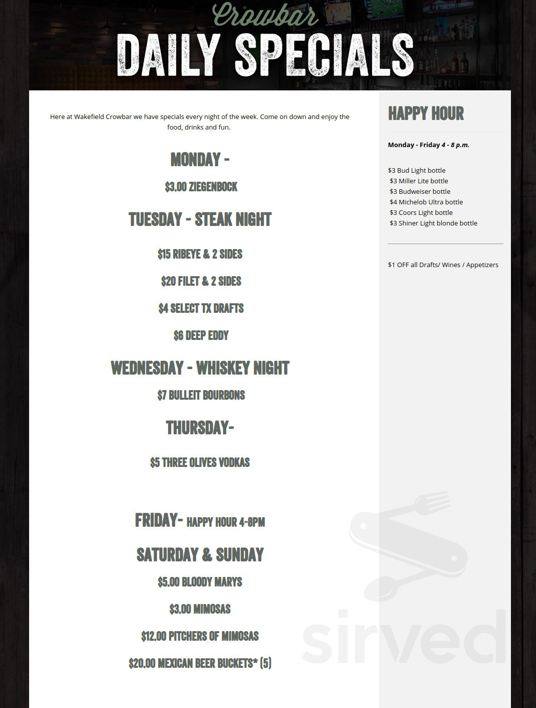 Wakefield Crowbar menu in Houston, Texas, USA