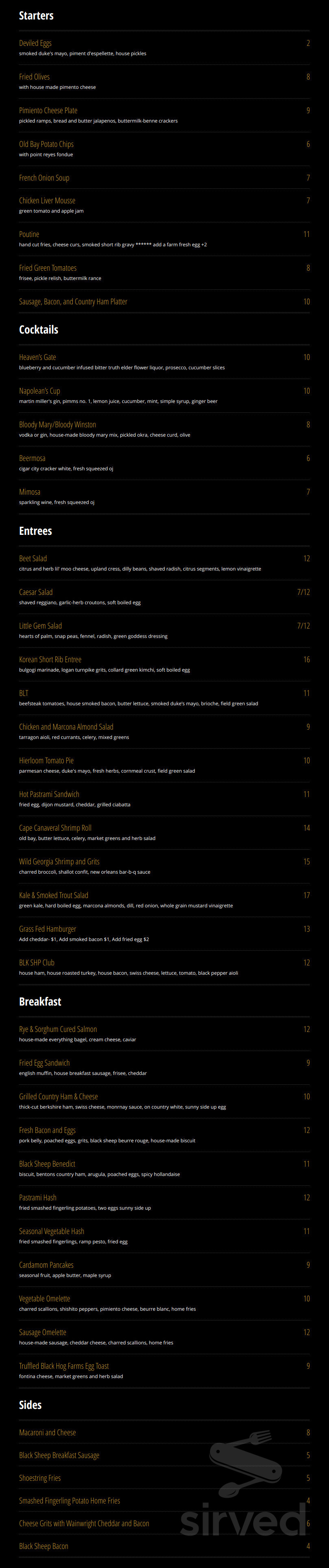 Black Sheep Restaurant menu in Jacksonville, Florida, USA