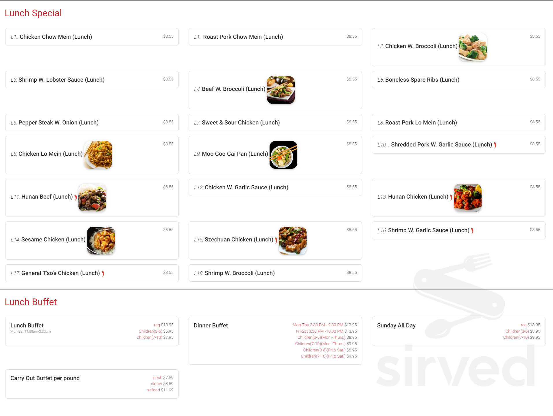 Menu - Derby VT's China moon buffet | Sirved