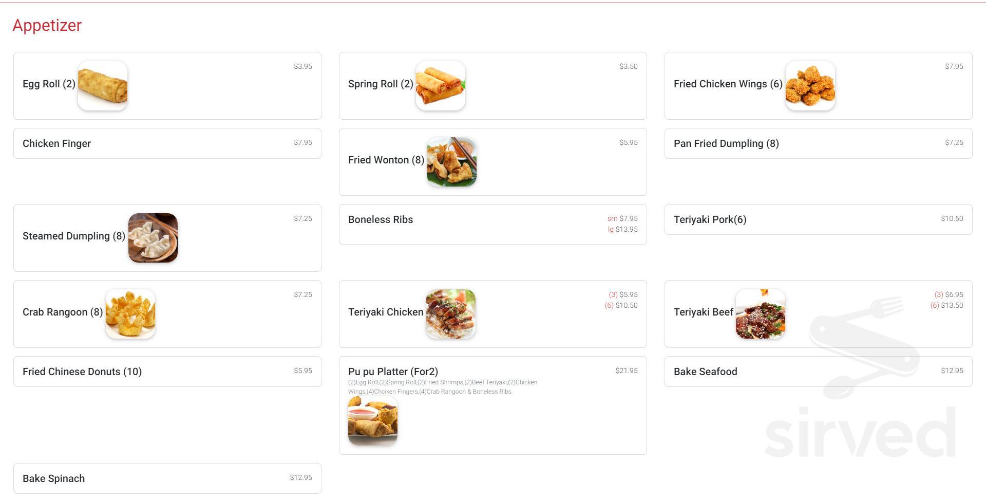 Menu - Derby VT's China moon buffet | Sirved