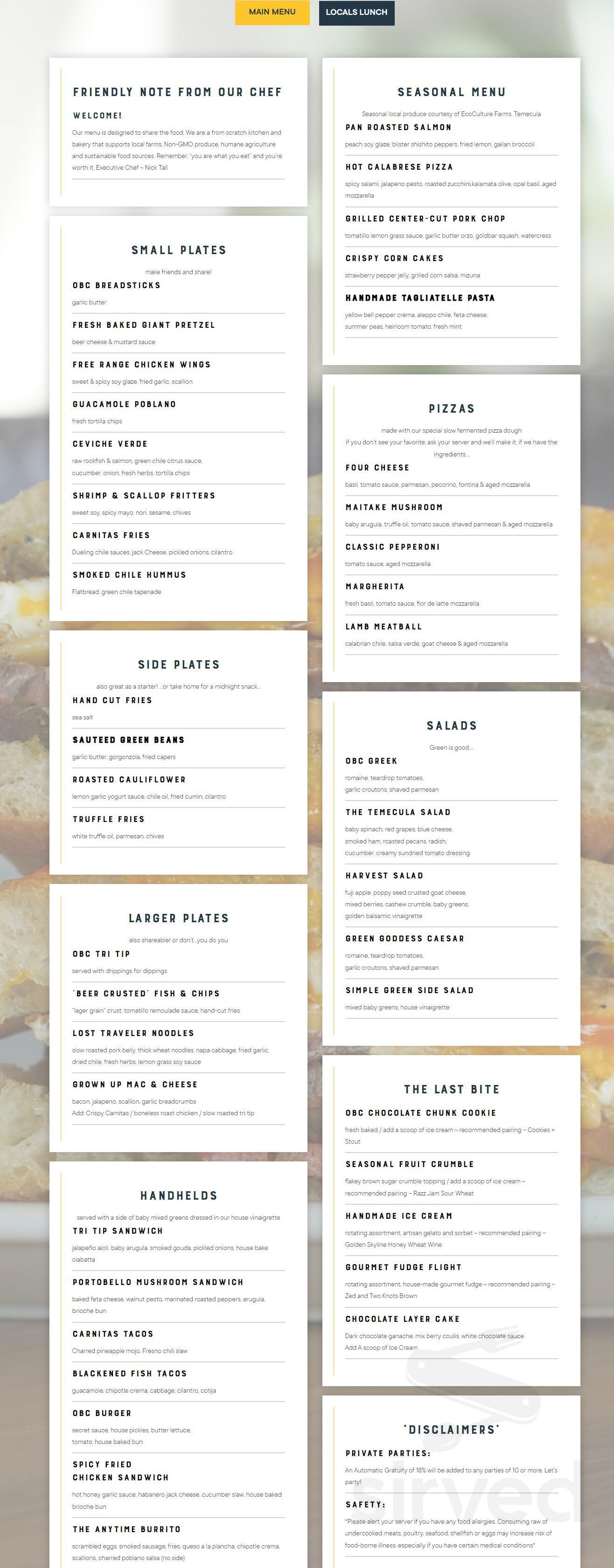Oscar's Brewing Company menu in Temecula, California, USA
