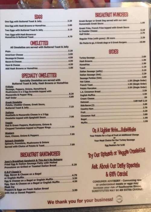 The Original Breakfast Place menu in Erie, Pennsylvania, USA