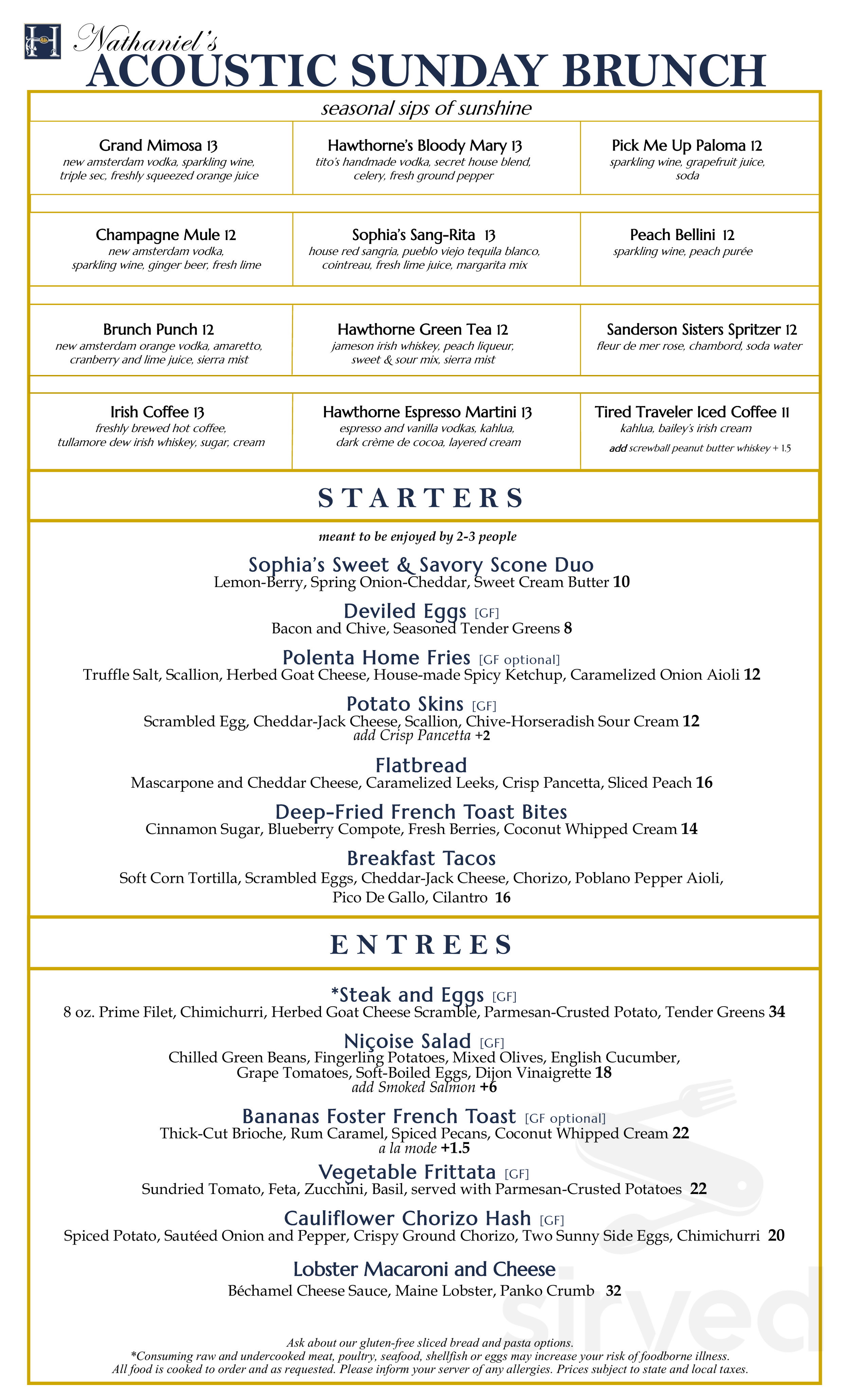 Hawthorne Hotel menu in Salem, Massachusetts, USA