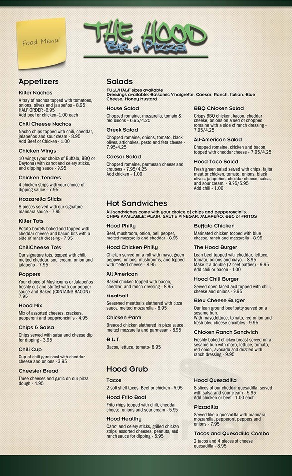The Hood Bar and Pizzeria menu in Palm Desert, California, USA