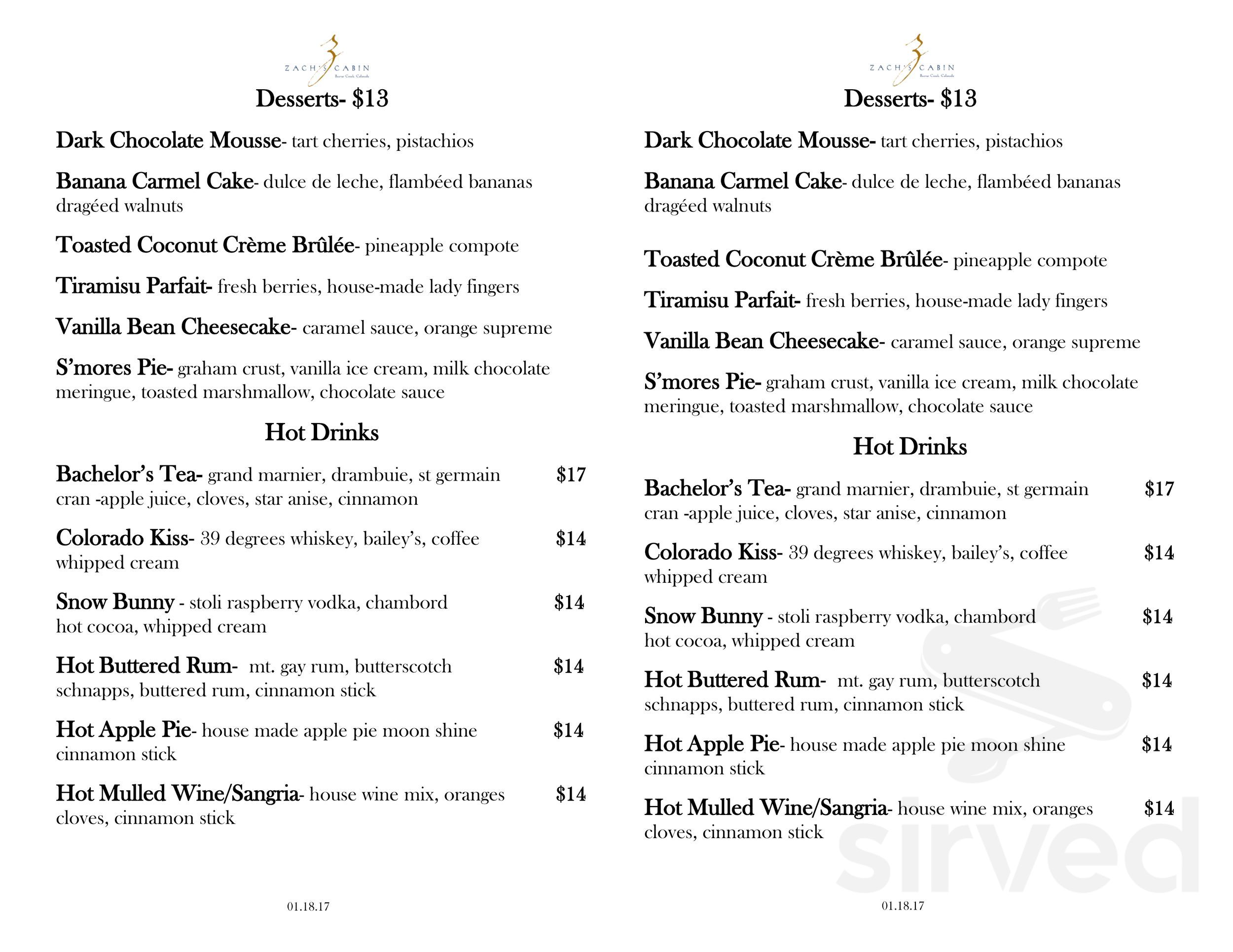 Zach's Cabin menu in Avon, Colorado, USA