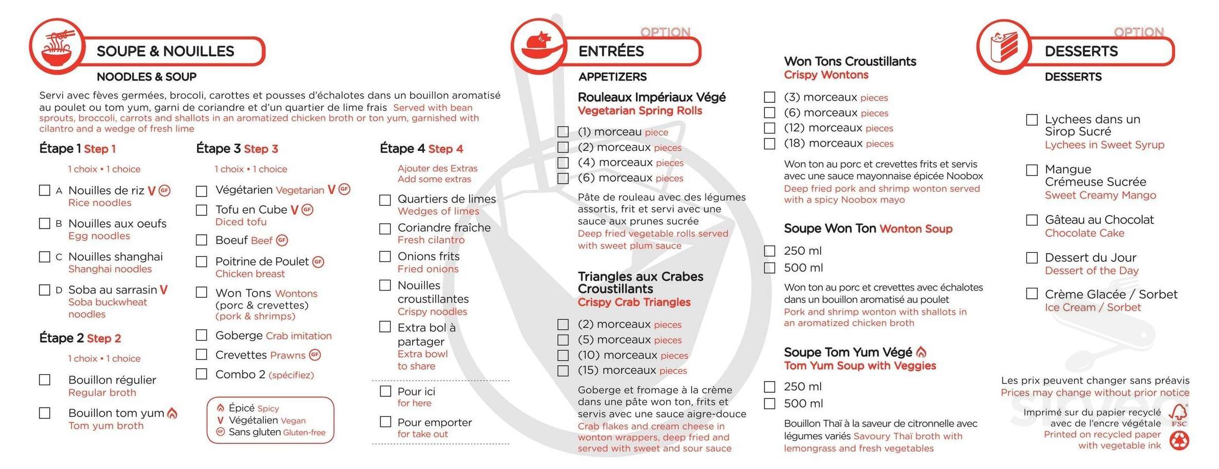 Noobox menus in Montréal, Quebec, Canada