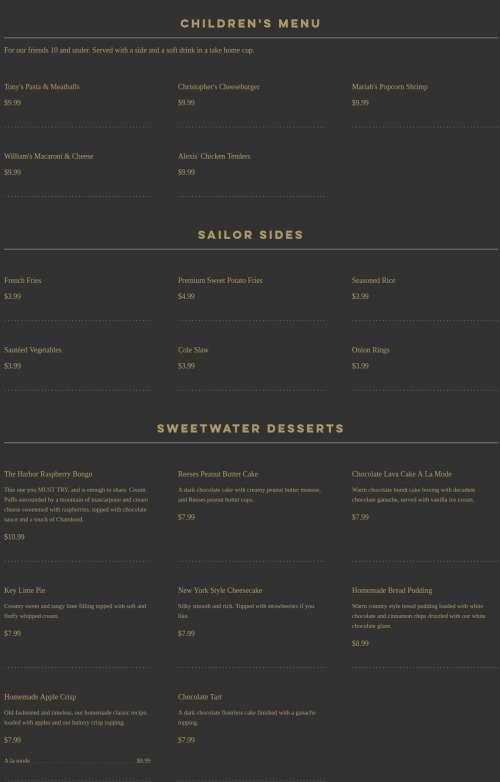Captain Bill's menu in Watkins Glen, New York, USA