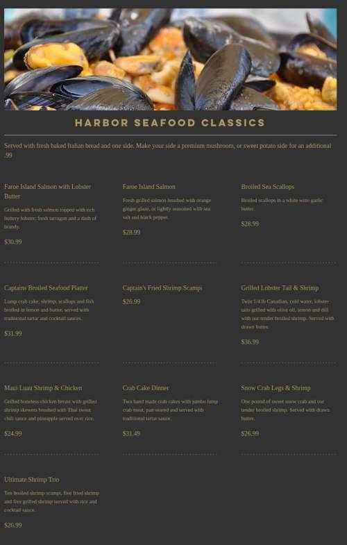 Captain Bill's menu in Watkins Glen, New York, USA