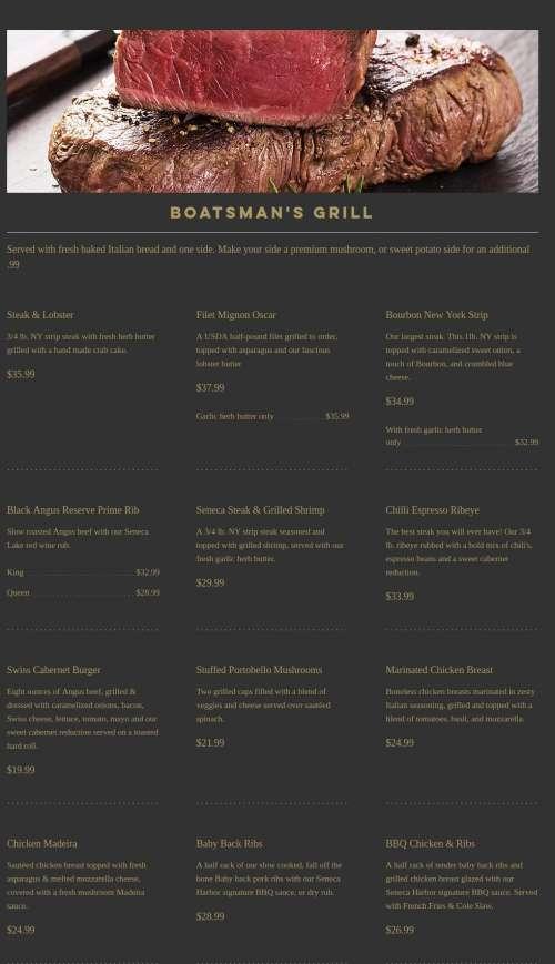 Captain Bill's menu in Watkins Glen, New York, USA