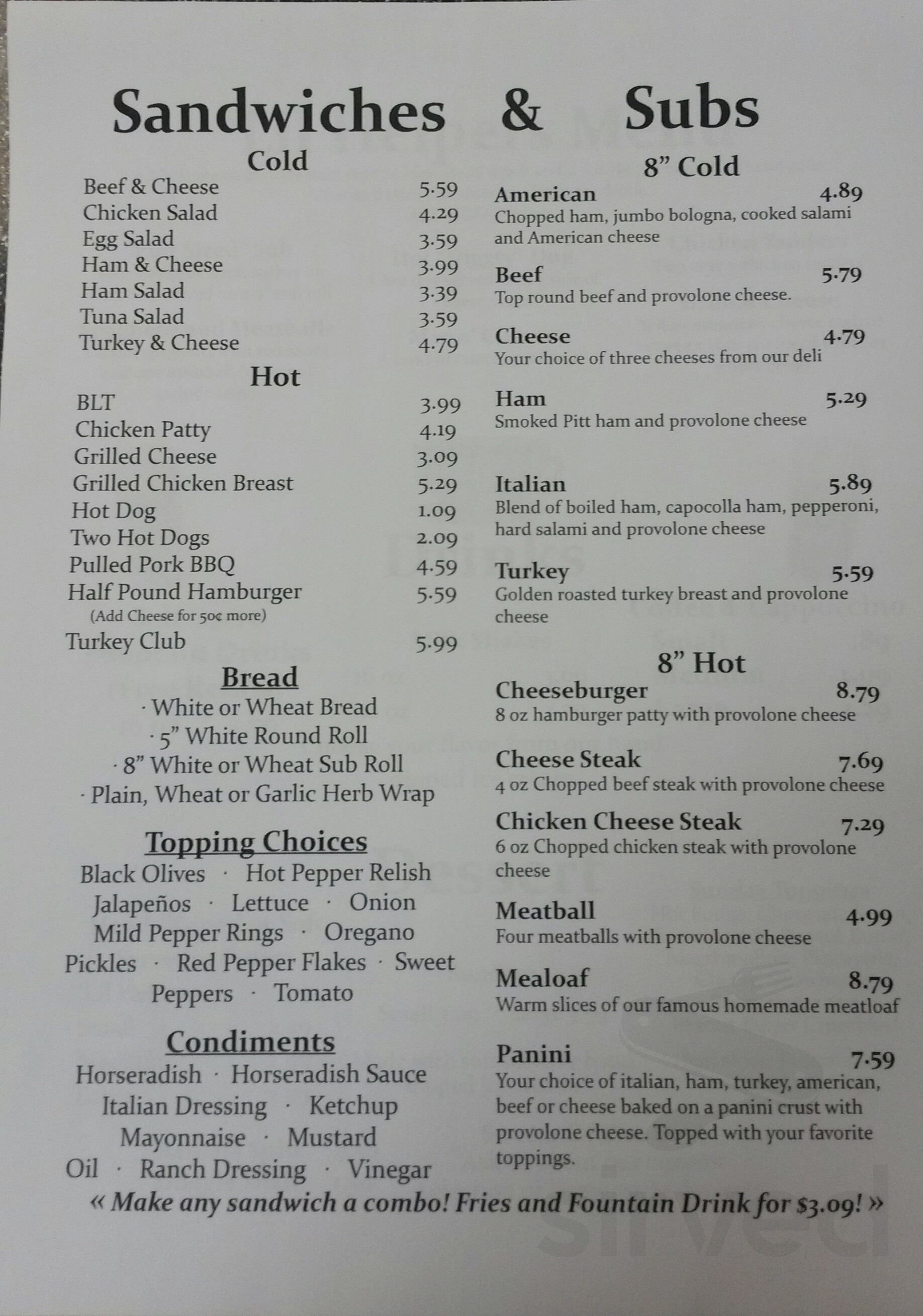Couch's Subs & Grocery menu in Huntingdon, Pennsylvania, USA