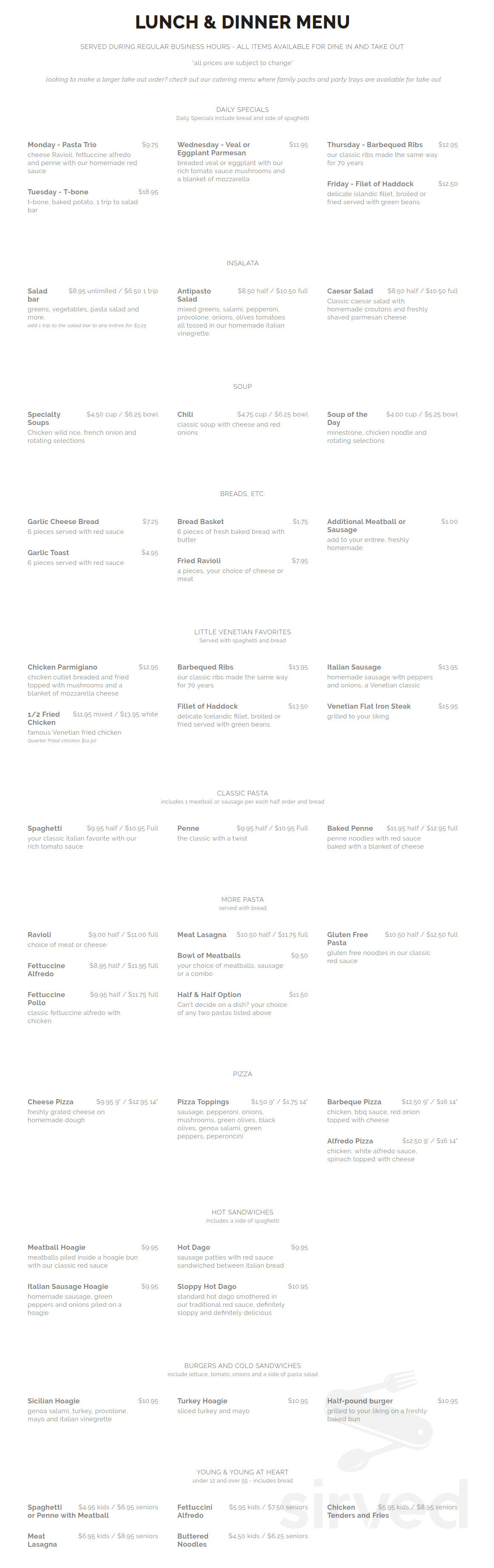 Little Venetian menu in Little Canada, Minnesota, USA