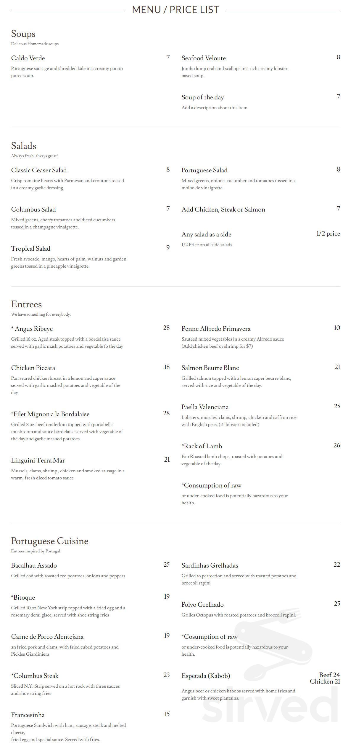 Columbus Grill menu in Manassas, Virginia, USA