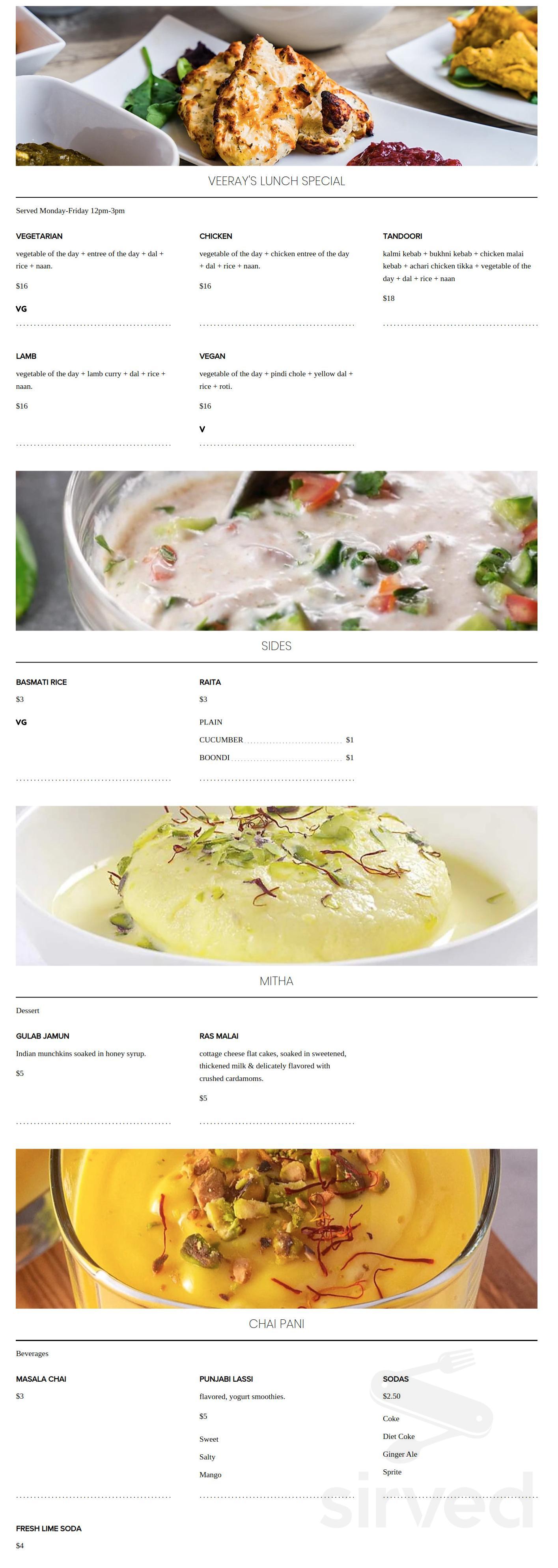 Menu - New York NY's Veeray da Dhaba | Sirved