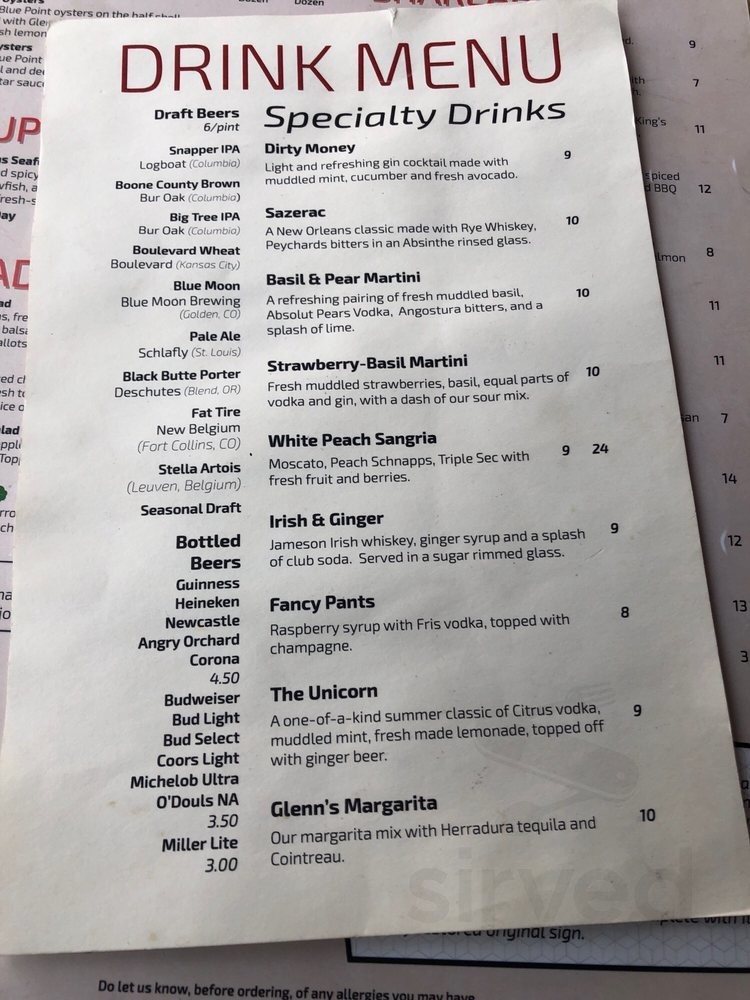 Glenn's Cafe menu in Columbia, Missouri, USA