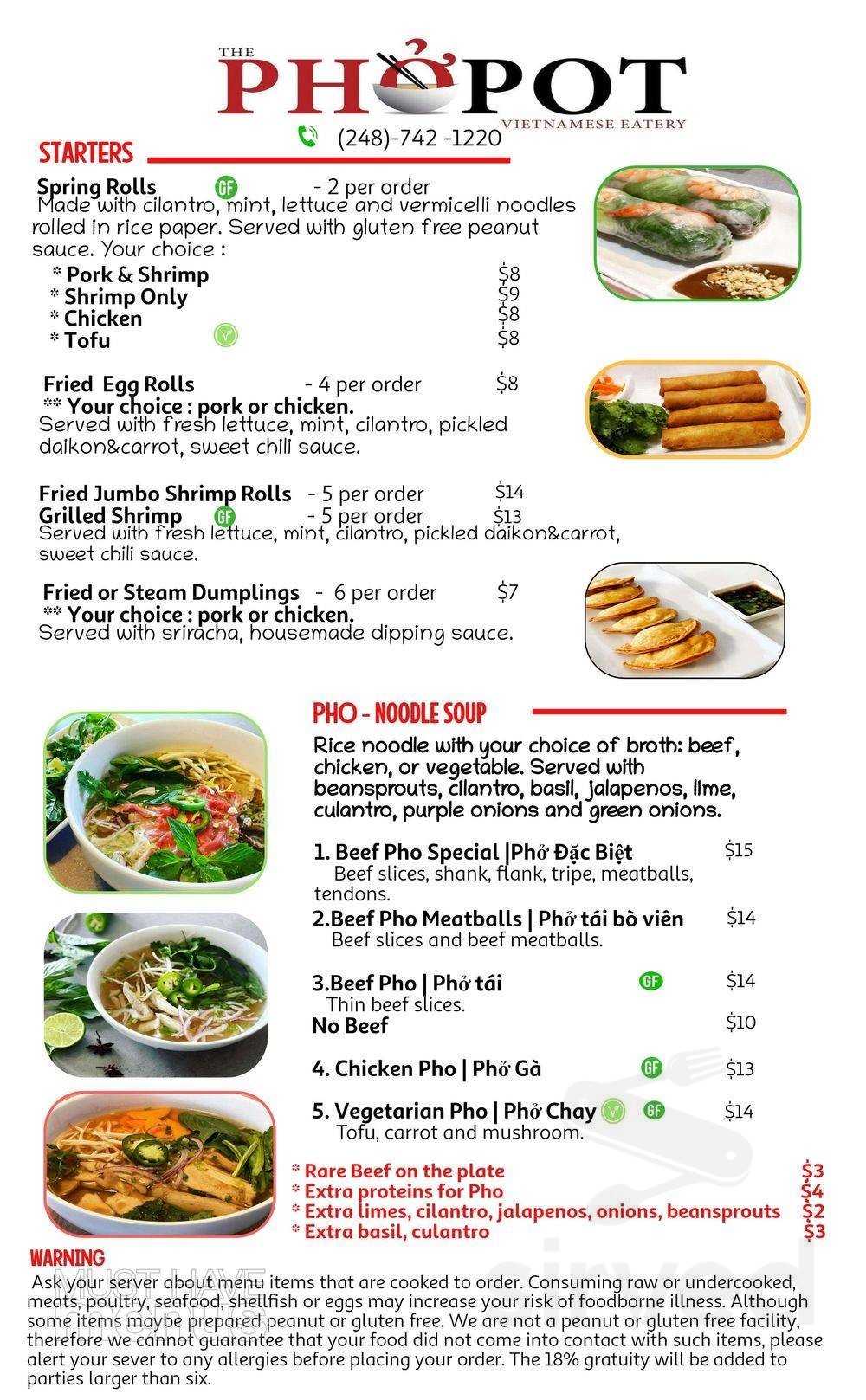 Menu - Waterford Twp MI's The Pho Pot | Sirved