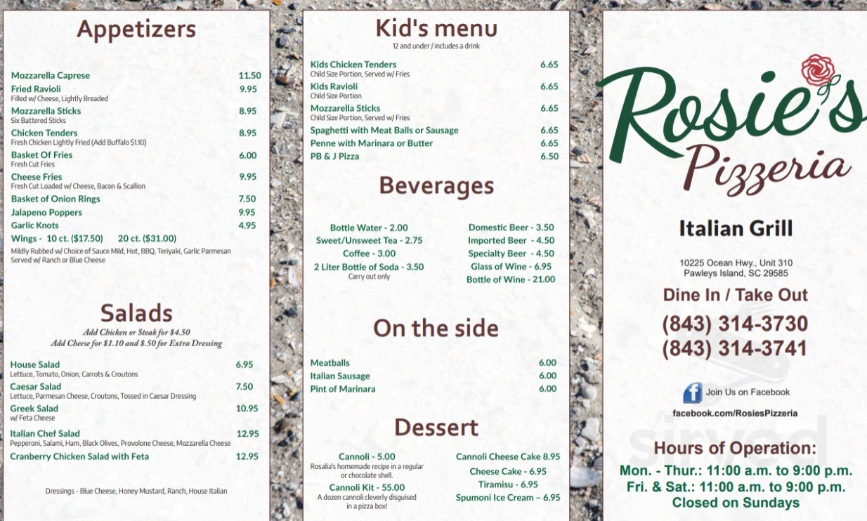 Menu for Rosies Pizzeria in Pawleys Island, SC | Sirved