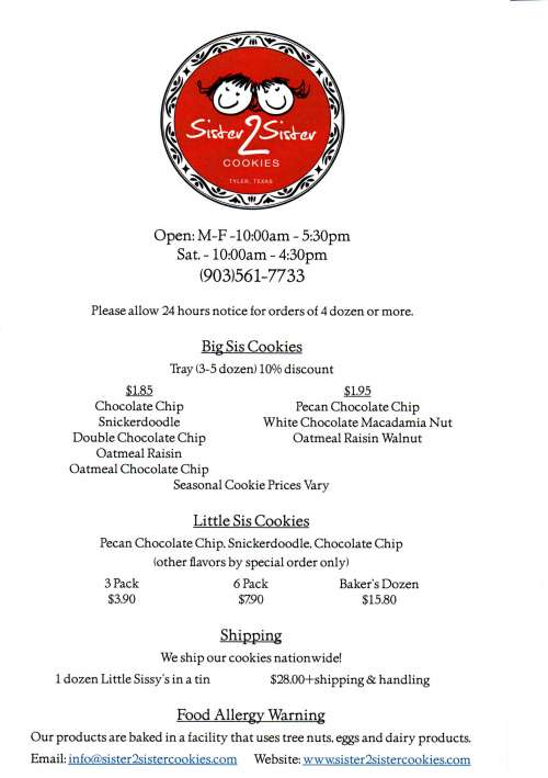 Sister2Sister Cookies menu in Tyler, Texas, USA