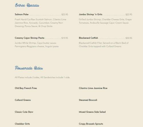 Big B's Fish Joint menu in Sandy Springs, Georgia, USA