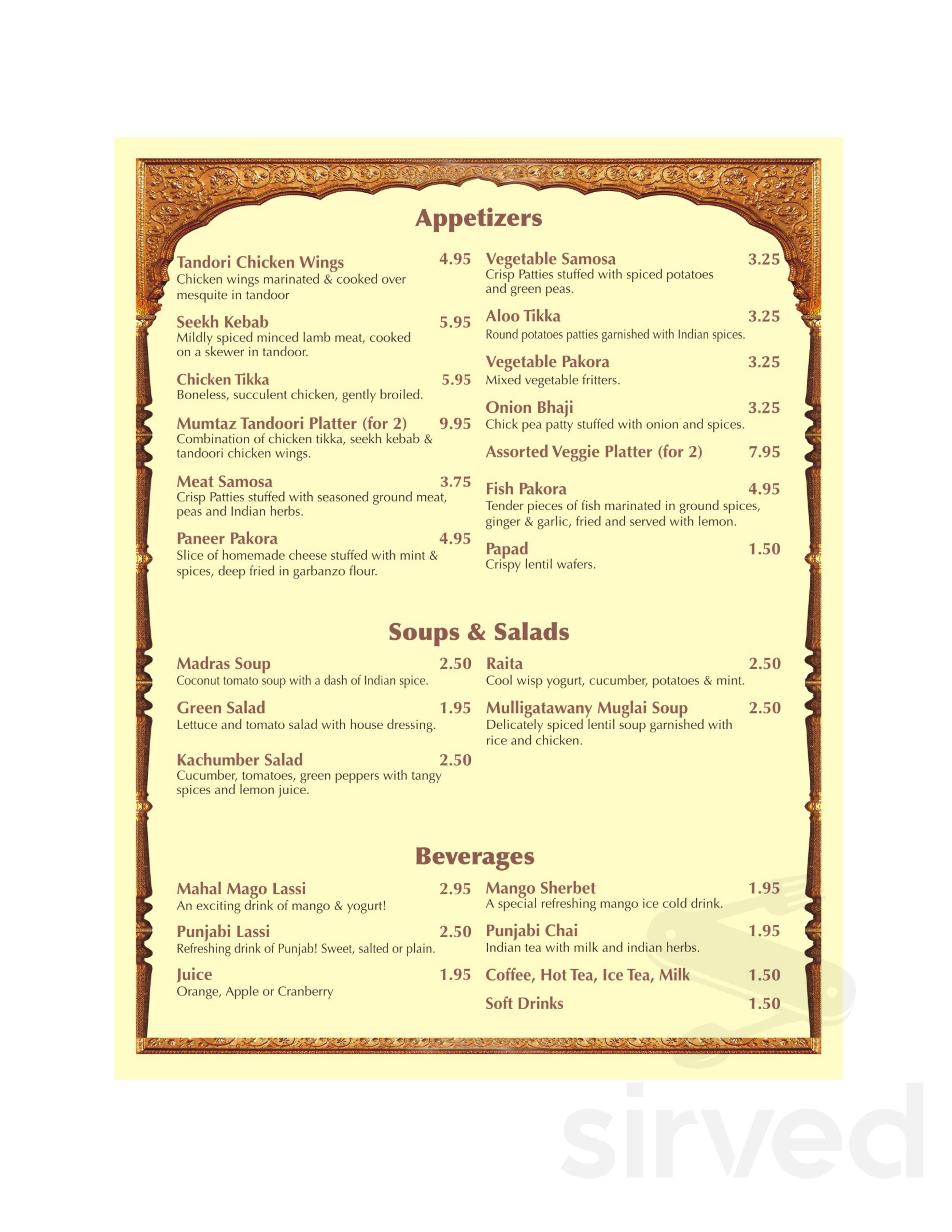 Menu - Plano TX's Mumtaz Indian Restaurant | Sirved