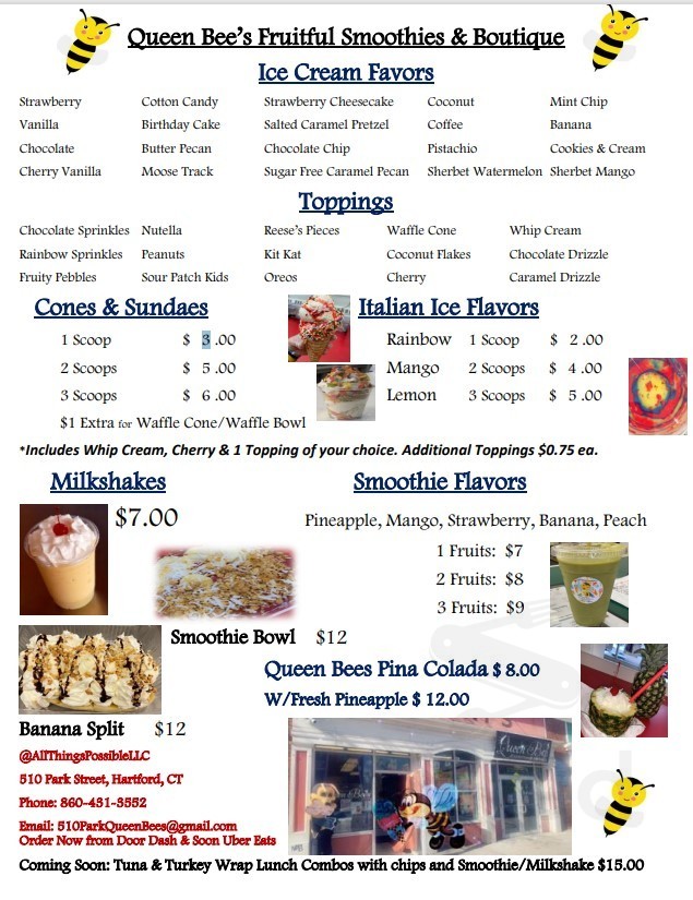Menu - Hartford CT's Queen Bee's | Sirved