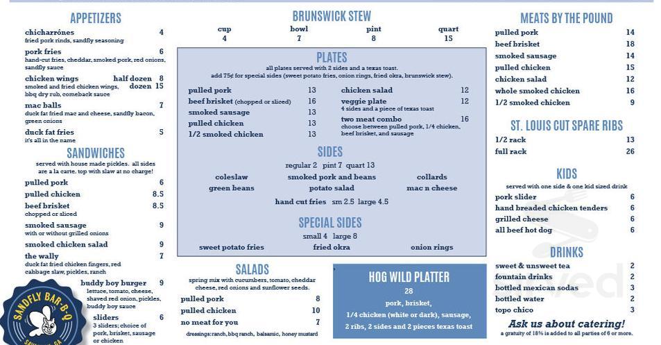 Sandfly Barbeque menu in Savannah, Georgia, USA