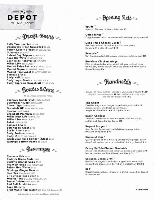 The Depot Tavern menu in Minneapolis, Minnesota, USA