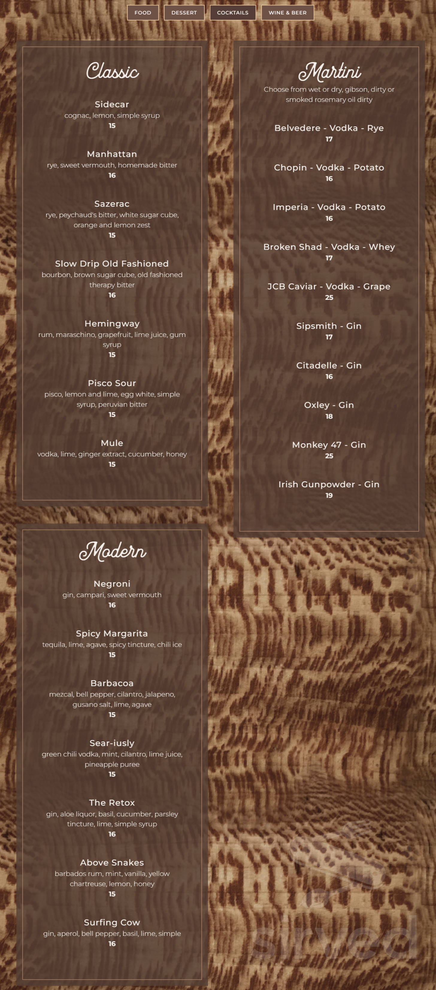 Sear Steakhouse menu in Solvang, California, USA