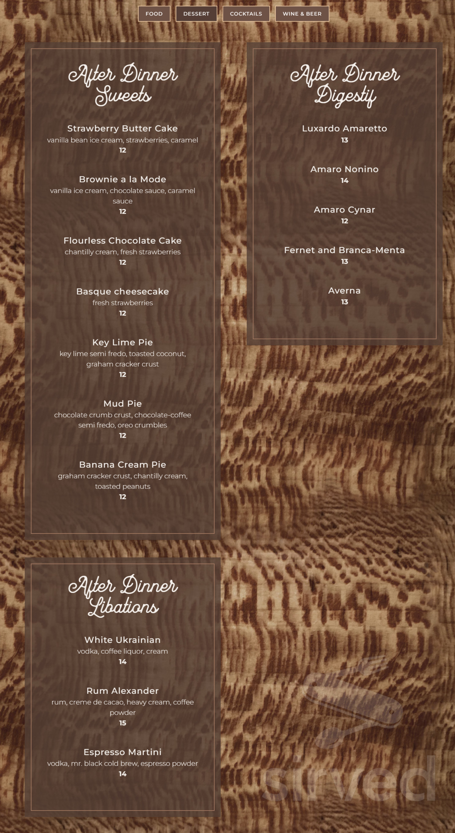 Sear Steakhouse menu in Solvang, California, USA