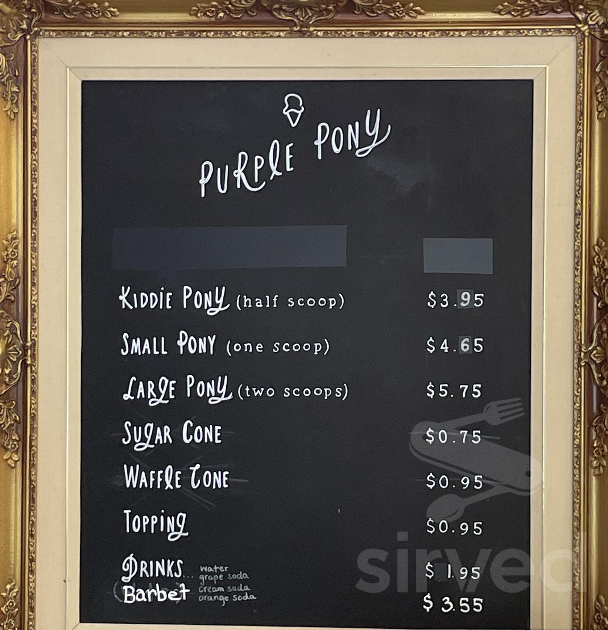 The Purple Pony Ice Cream Shop menu in Ancaster, Ontario, Canada