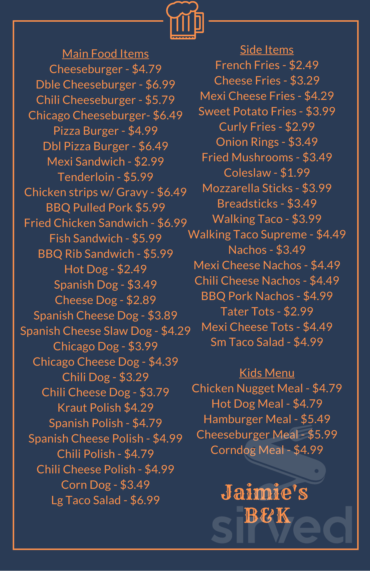 Menu - Knox IN's Jaimie's B&K Drive In | Sirved