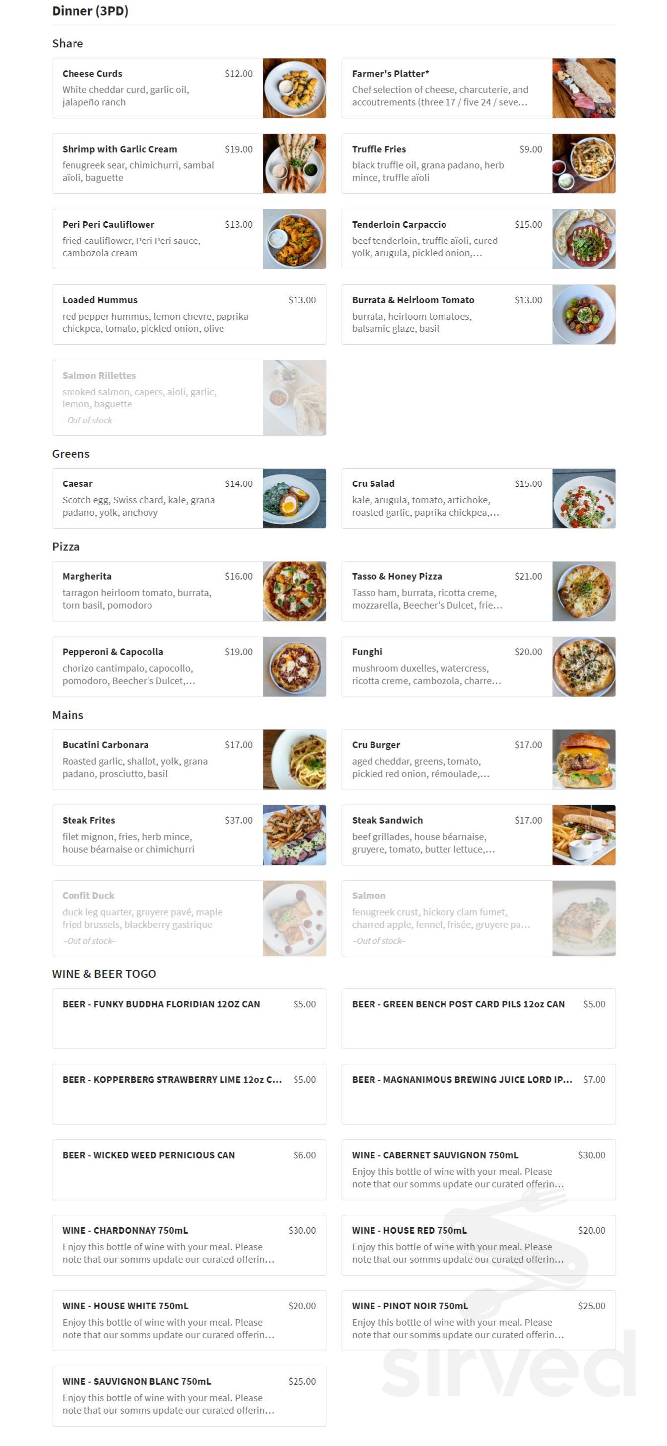 Menu - Tampa FL's Cru Cellars - Westshore Marina | Sirved