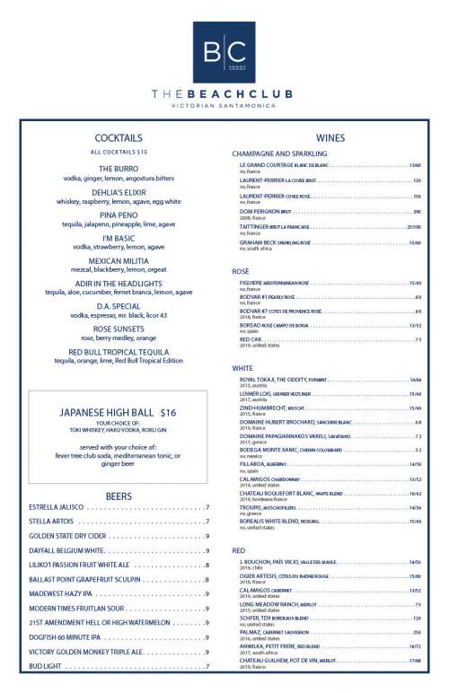 The Victorian menu in Santa Monica, California, USA
