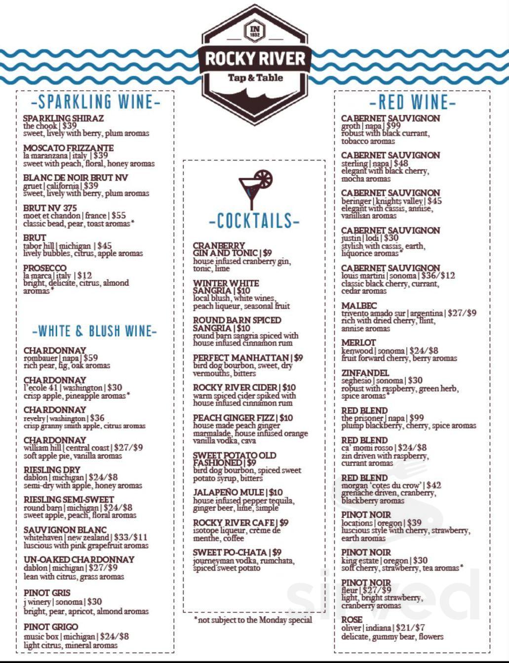 Rocky River Tap and Table of Mishawaka menu in Mishawaka, Indiana, USA