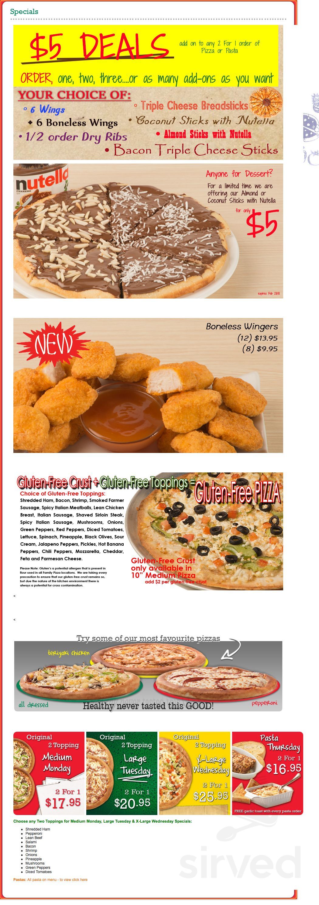 Family Pizza menu in Moose Jaw, Saskatchewan, Canada