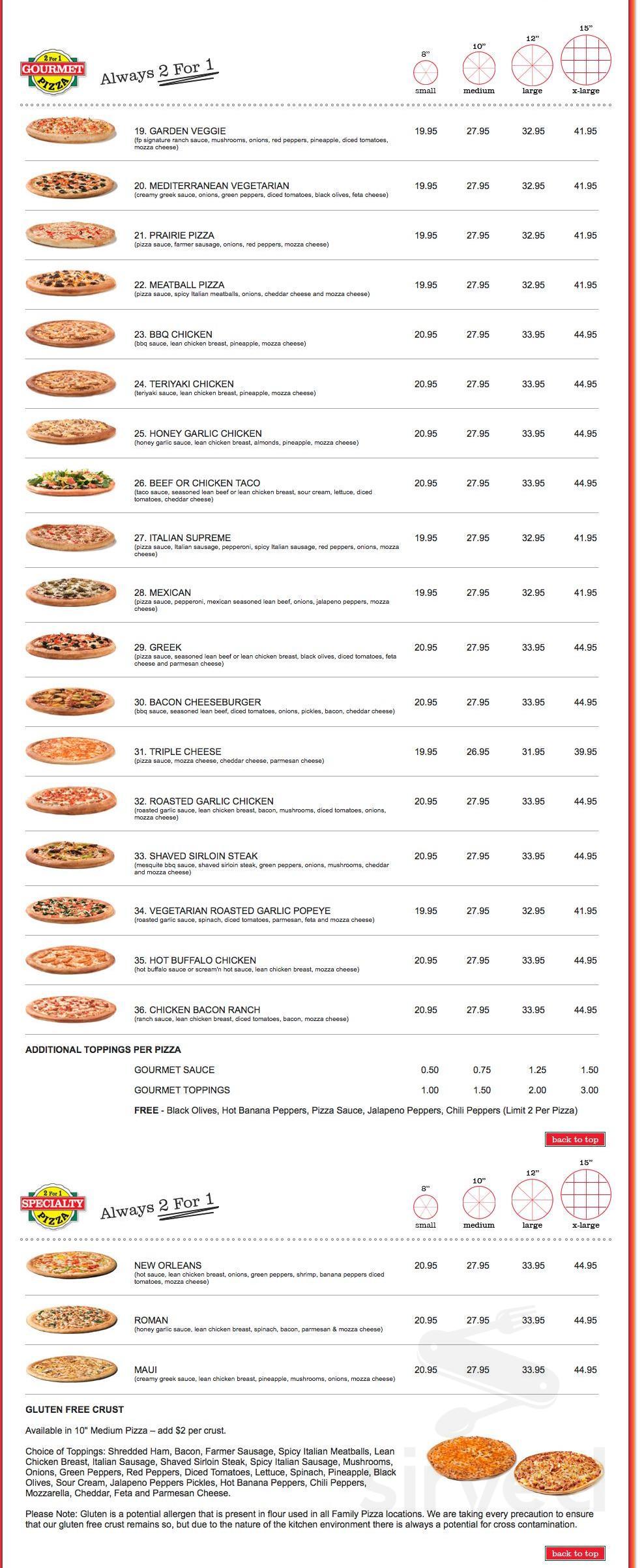 Family pizza menu in Swift Current, Saskatchewan, Canada