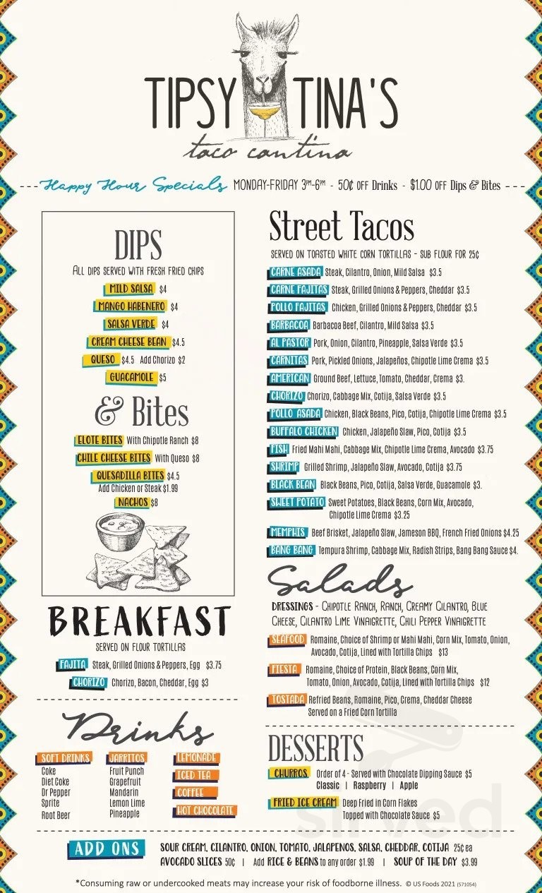 Tipsy Tinas Taco Cantina menu in Lincoln, Nebraska, USA