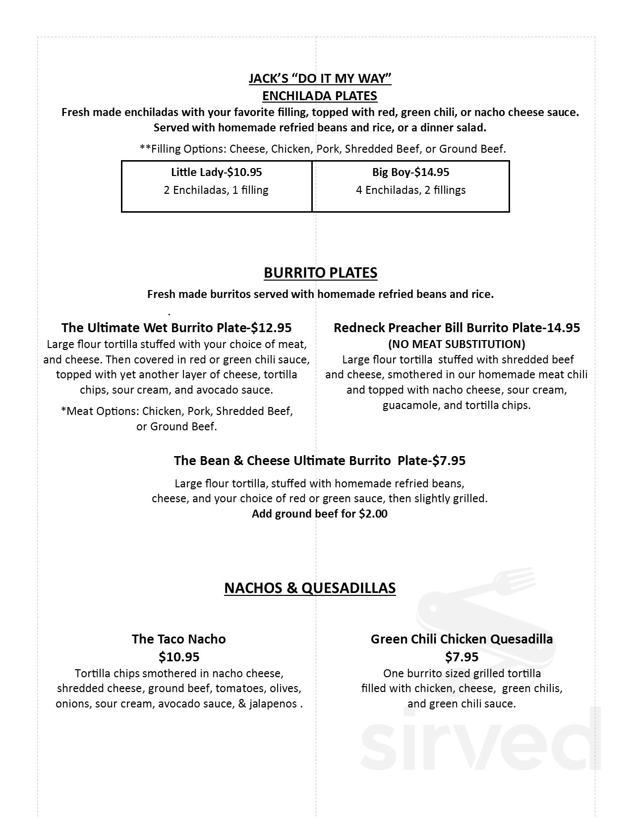 The Taco Lady At Table Rock Lake menu in Kimberling City, Missouri, USA