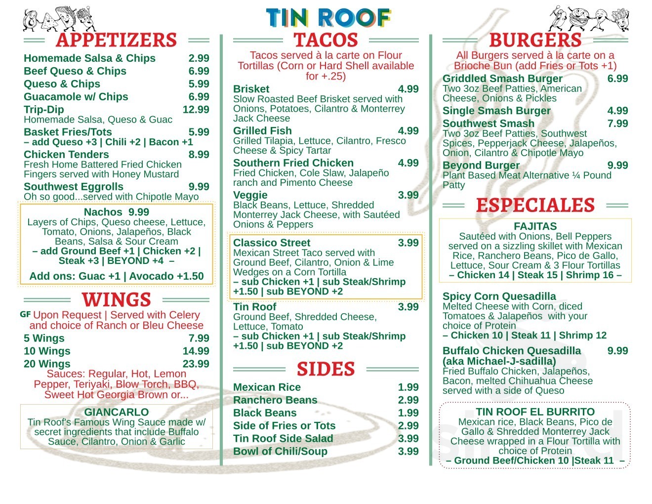 Tin Roof Cantina menu in Atlanta, Georgia, USA