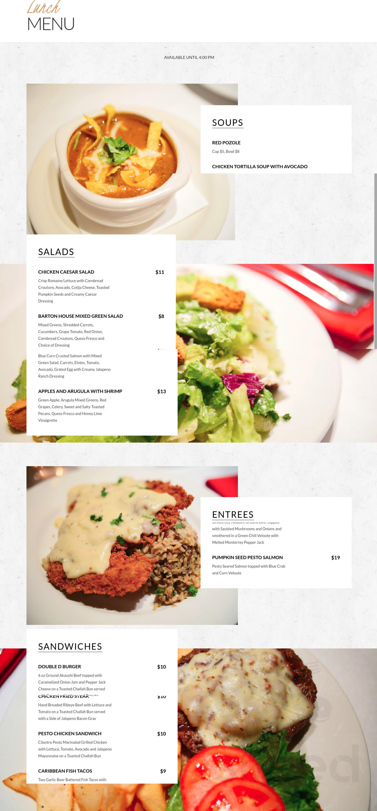 The Barton House of Salado menu in Salado, Texas, USA