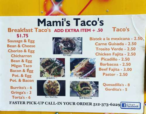 Mami's tacos menu in Austin, Texas, USA