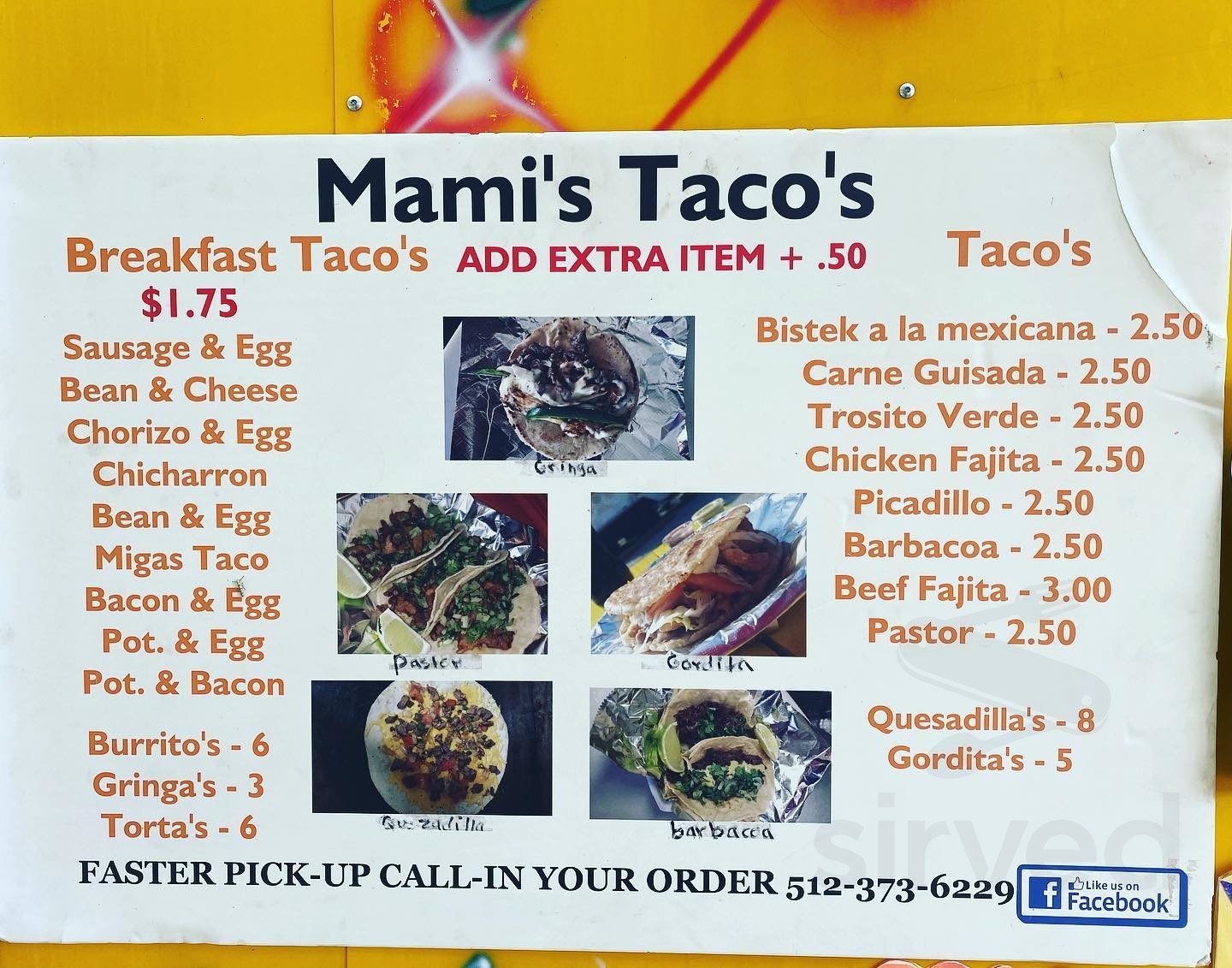 Mami's tacos menu in Austin, Texas, USA