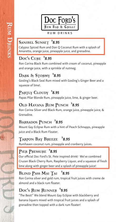 Doc Ford's Rum Bar & Grille - Captiva Island menu in Captiva, Florida, USA