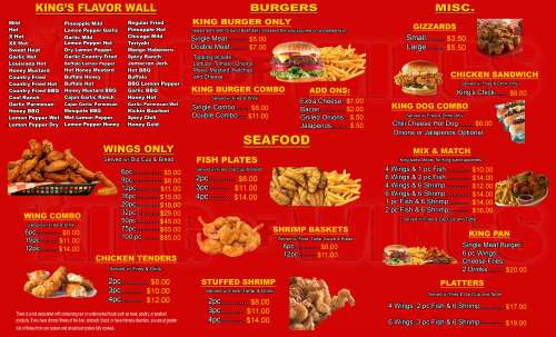 King of Wings menu in Grambling, Louisiana, USA