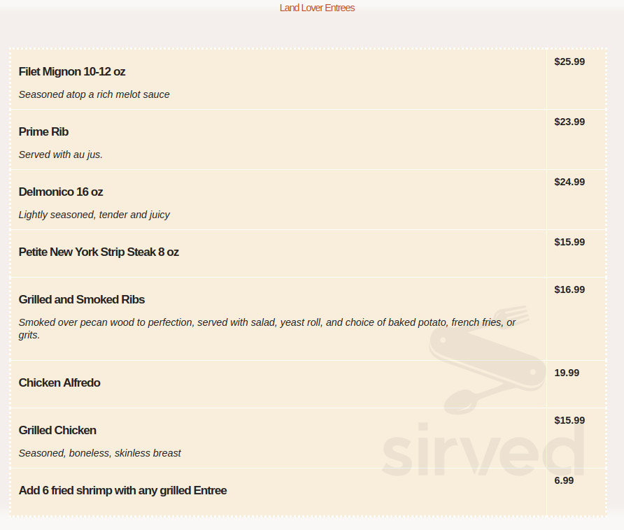 Fiddler's Restaurant and Resort menu in Steinhatchee, Florida, USA