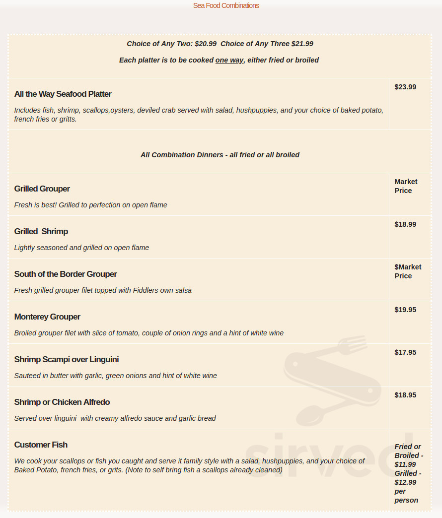 Fiddler's Restaurant and Resort menu in Steinhatchee, Florida, USA